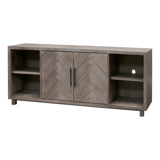Transitional TV Console, Herringbone Patterned Doors, Distressed ...