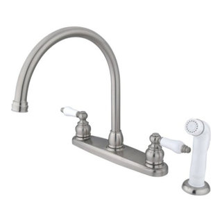 Satin Nickel Double Handle Goose Neck Kitchen Faucet with White Sprayer ...