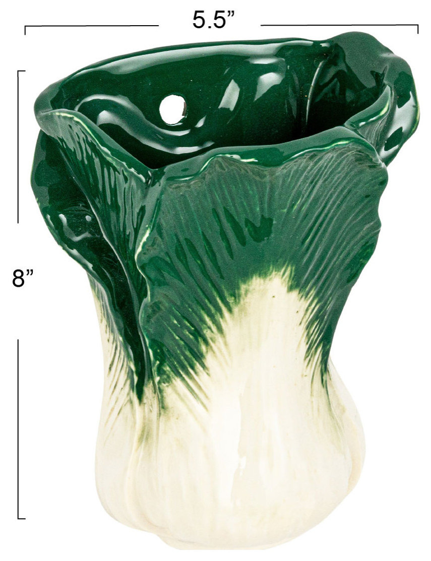 Embossed Stoneware Cabbage Shaped Wall Vase Planter, Green and White ...