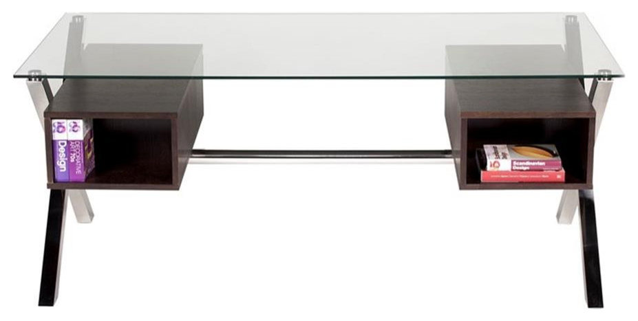 Pangea Home Beverly Large Modern Tempered Glass & Wood Veneer Desk in ...