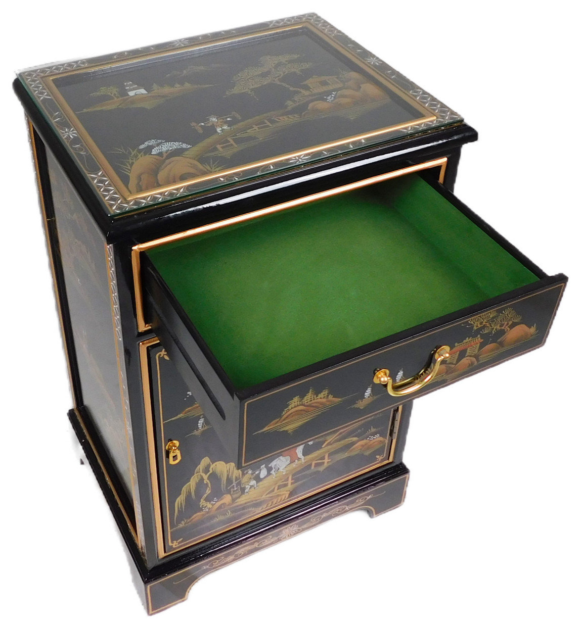 Black Lacquer Oriental End Table With Landscape Painting - Asian - Side ...