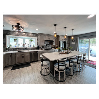 Neutral Monochromatic Gray Kitchen with Tiled Backsplash - Transitional ...