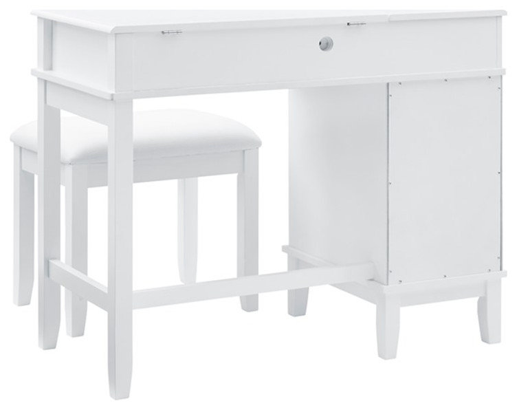 Linon Eva Wood and Mirrored Vanity & Stool Set with Storage in White ...