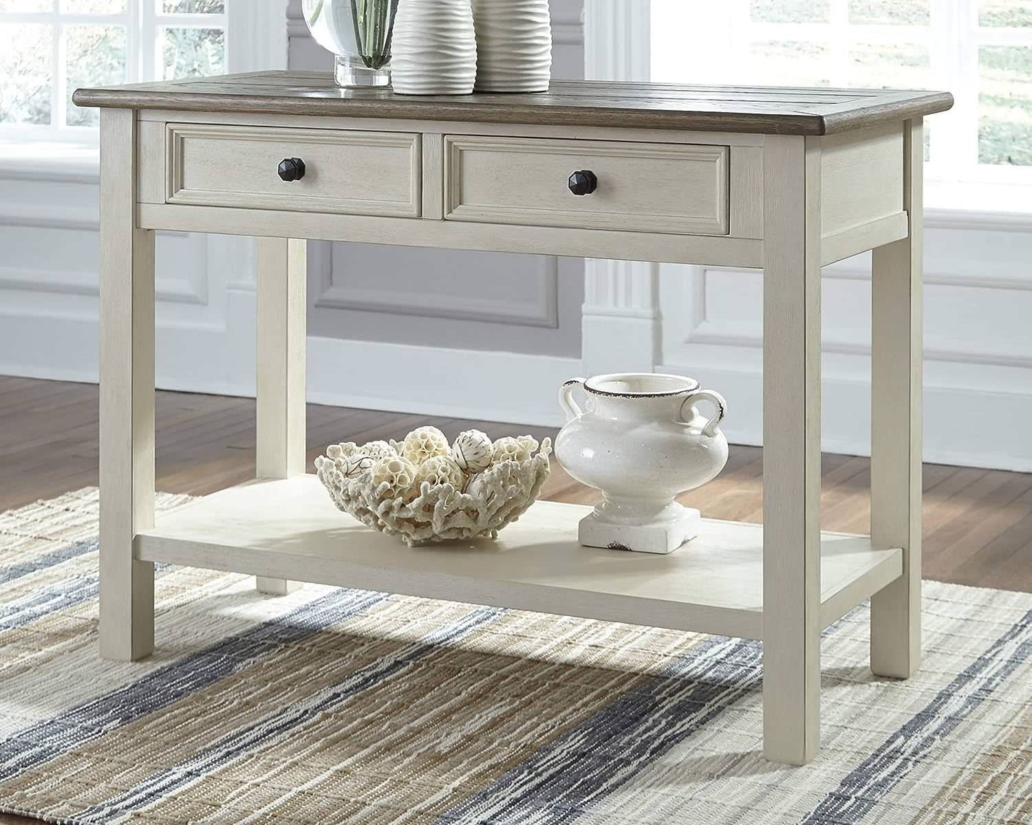 Farmhouse Console Table, 2 Framed Drawers & Lower Shelf, Antique Cream ...