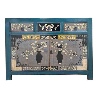 Chinese Distressed Teal Green Gray Flower Graphic Credenza Cabinet ...