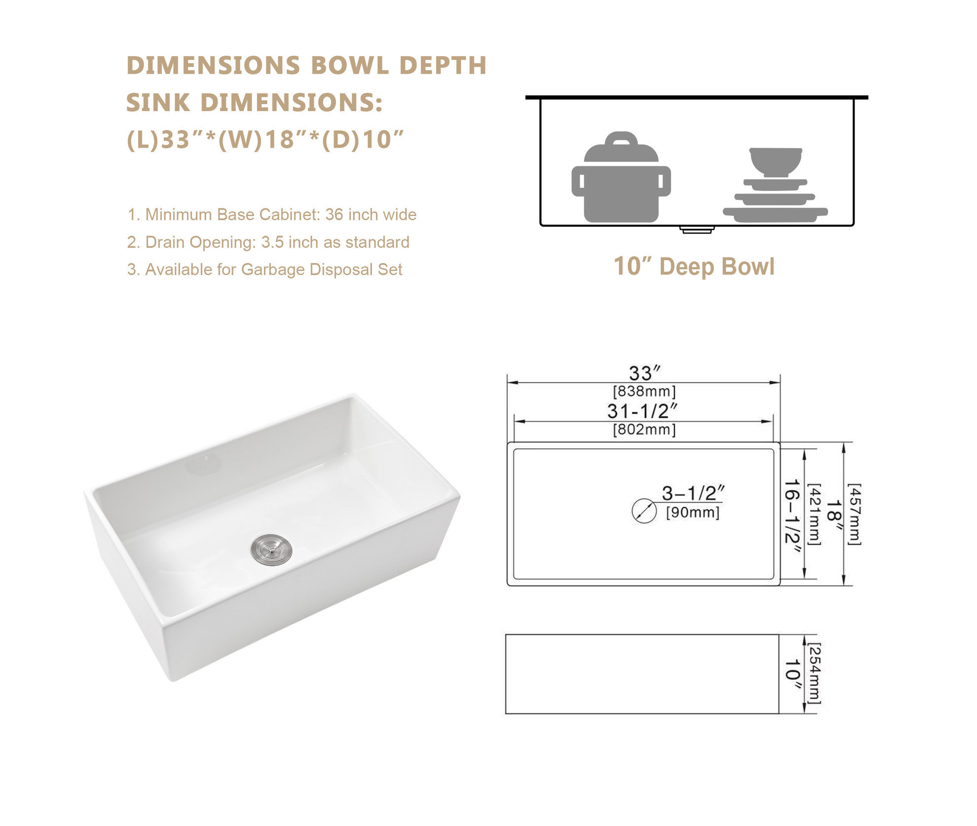 White Farmhouse Ceramic Kitchen Sink Deep Single Bowl Porcelain Basin ...