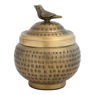 Hammered Aluminum Sphere Container with Lid and Bird, Antique Brass ...