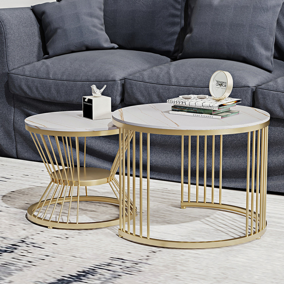 Modern White Nesting Coffee Tables Round Set of 2 With Stone Top ...