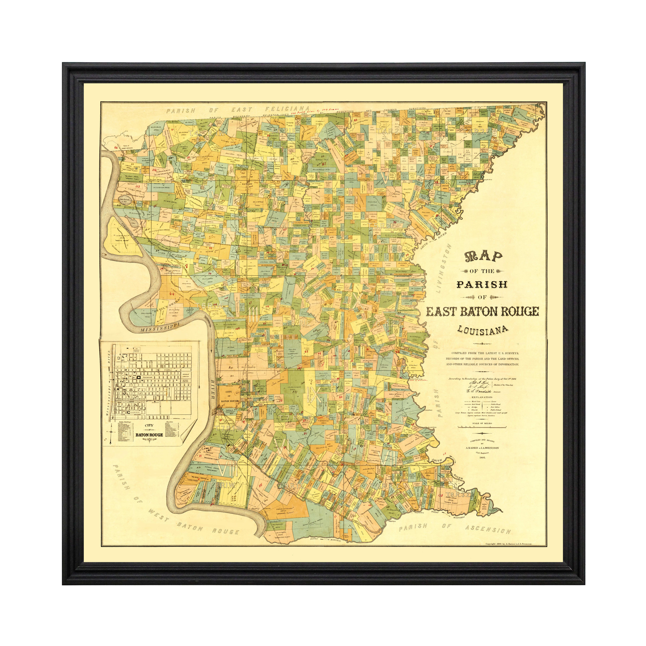 East Baton Rouge Parish Map Framed Art 1895, Vintage Wall Decor, 24x24 ...