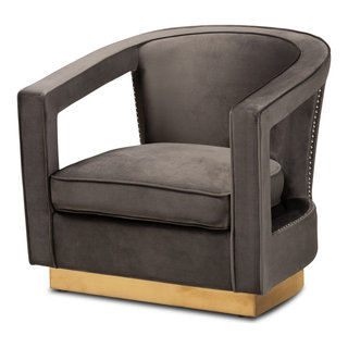 Neville Grey Velvet Upholstered and Gold Finished Metal Armchair ...