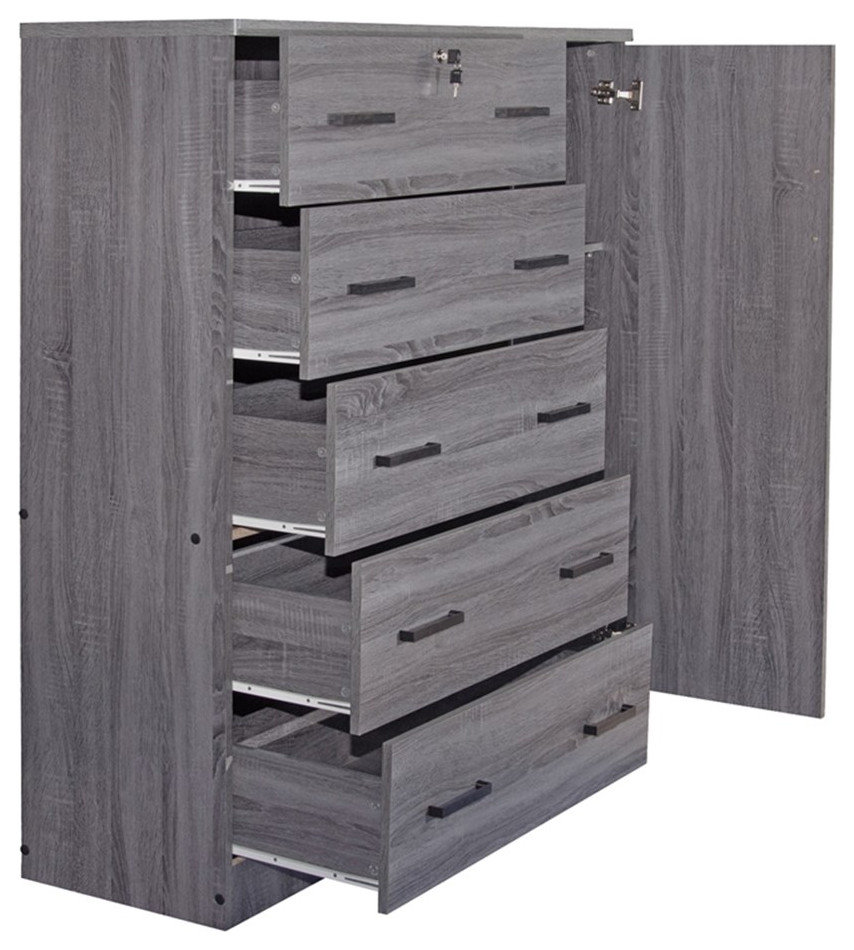 Pemberly Row 5 Drawer Wooden Tall Chest Wardrobe in Gray Finish ...