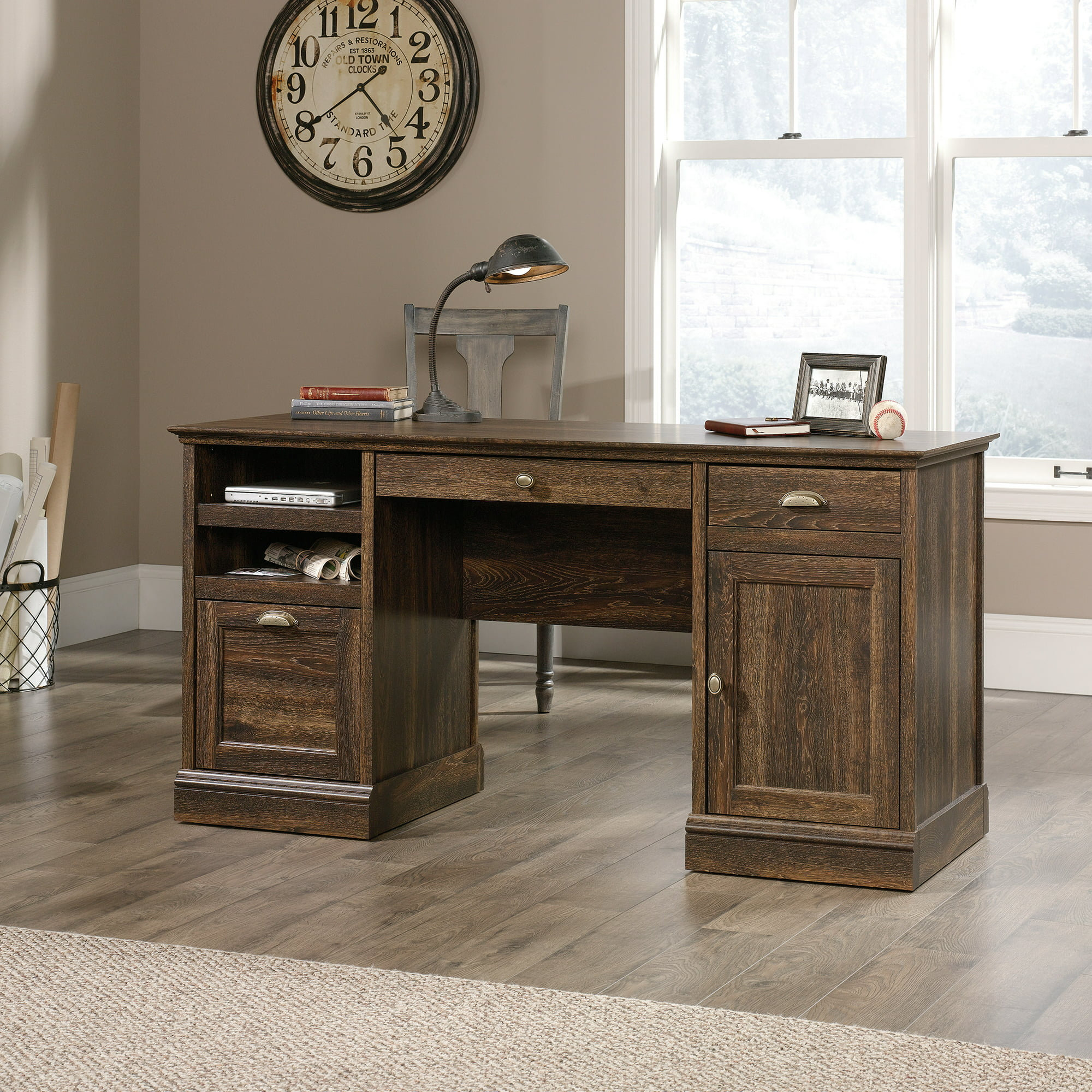 Rustic Desk, Spacious Crown Molded Top With Full Extension File Drawer ...