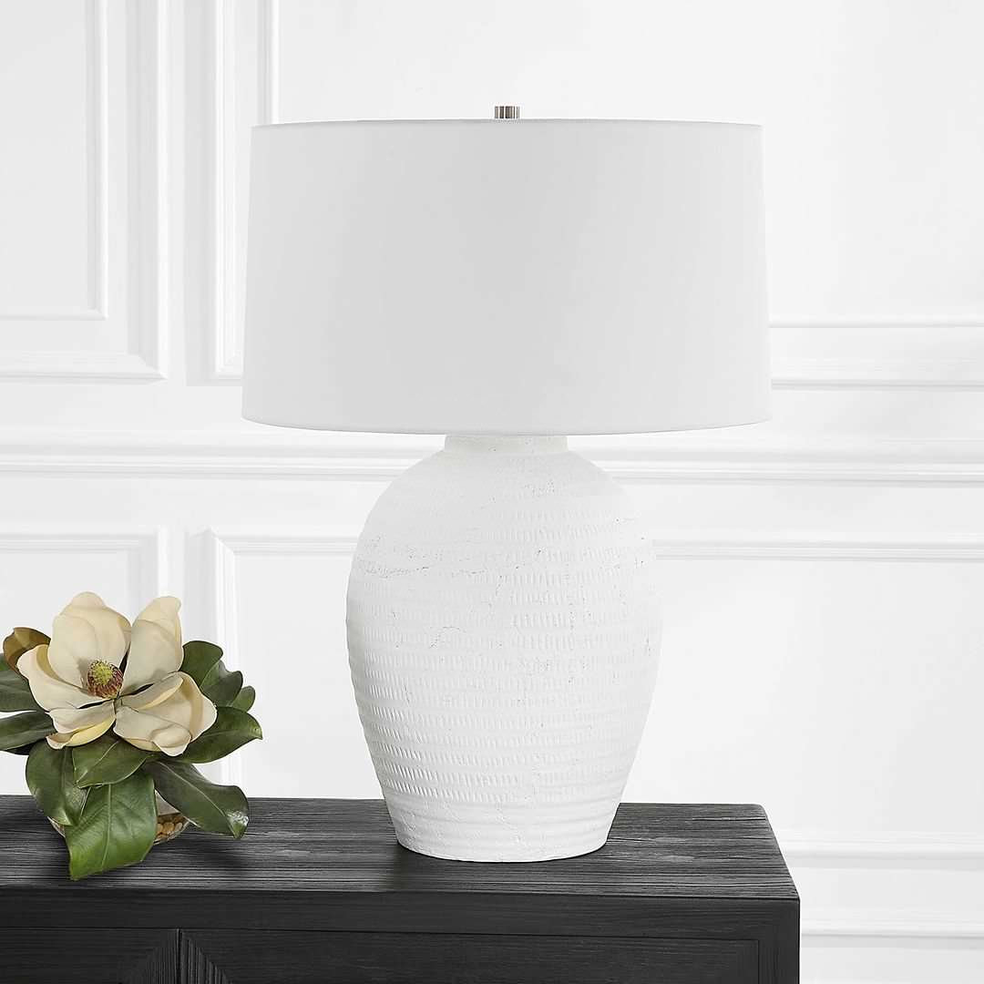 Classic Chalk White Carved Ceramic Table Lamp 29 in Matte Round ...