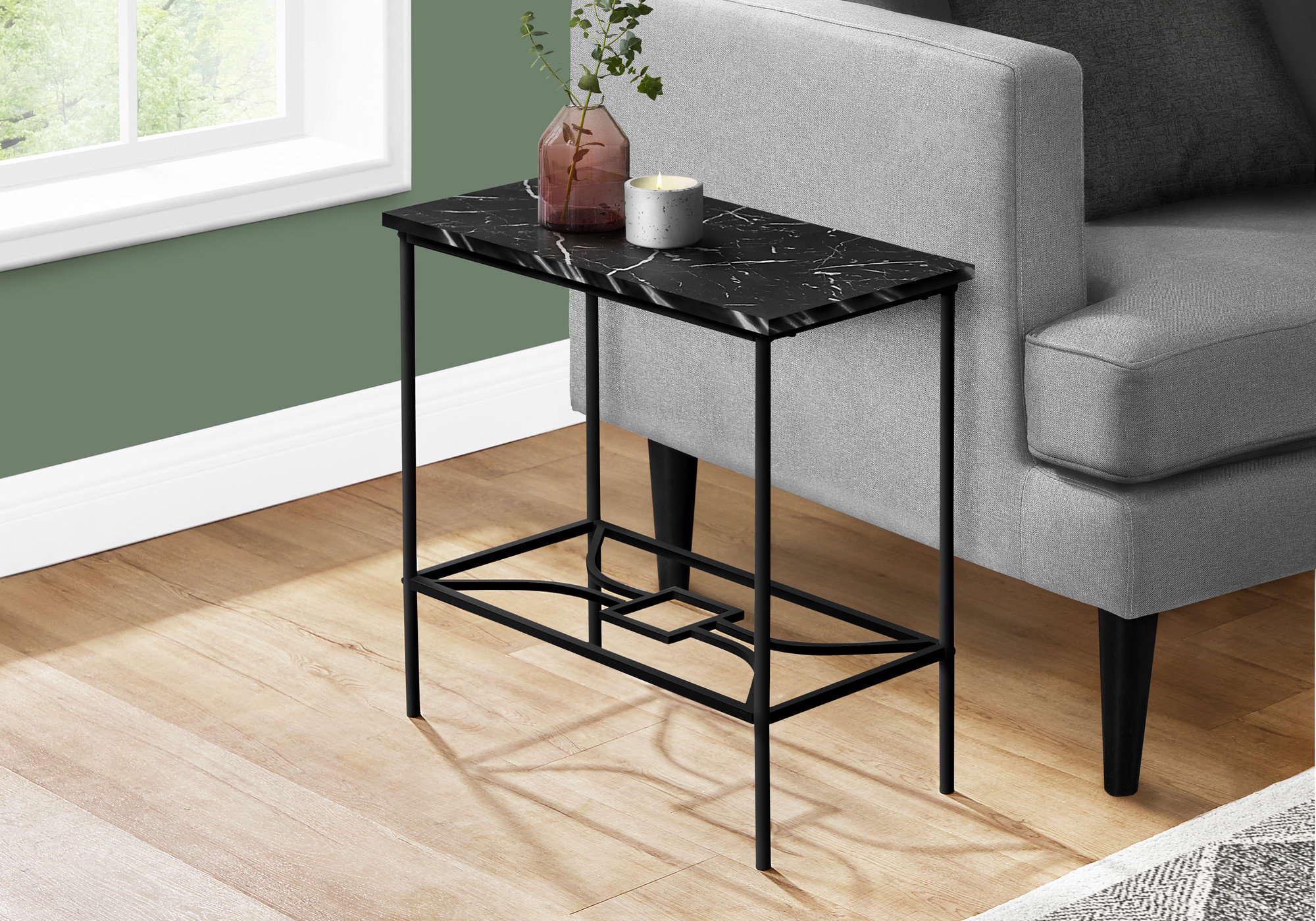 Accent Table, Side, End, Narrow, Small, 2 Tier, Metal, Black Marble ...