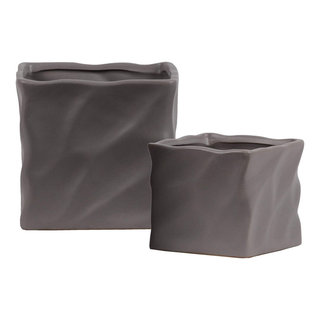 Square Ceramic Pot with Embossed Wave Design, Set of 4, Gray ...