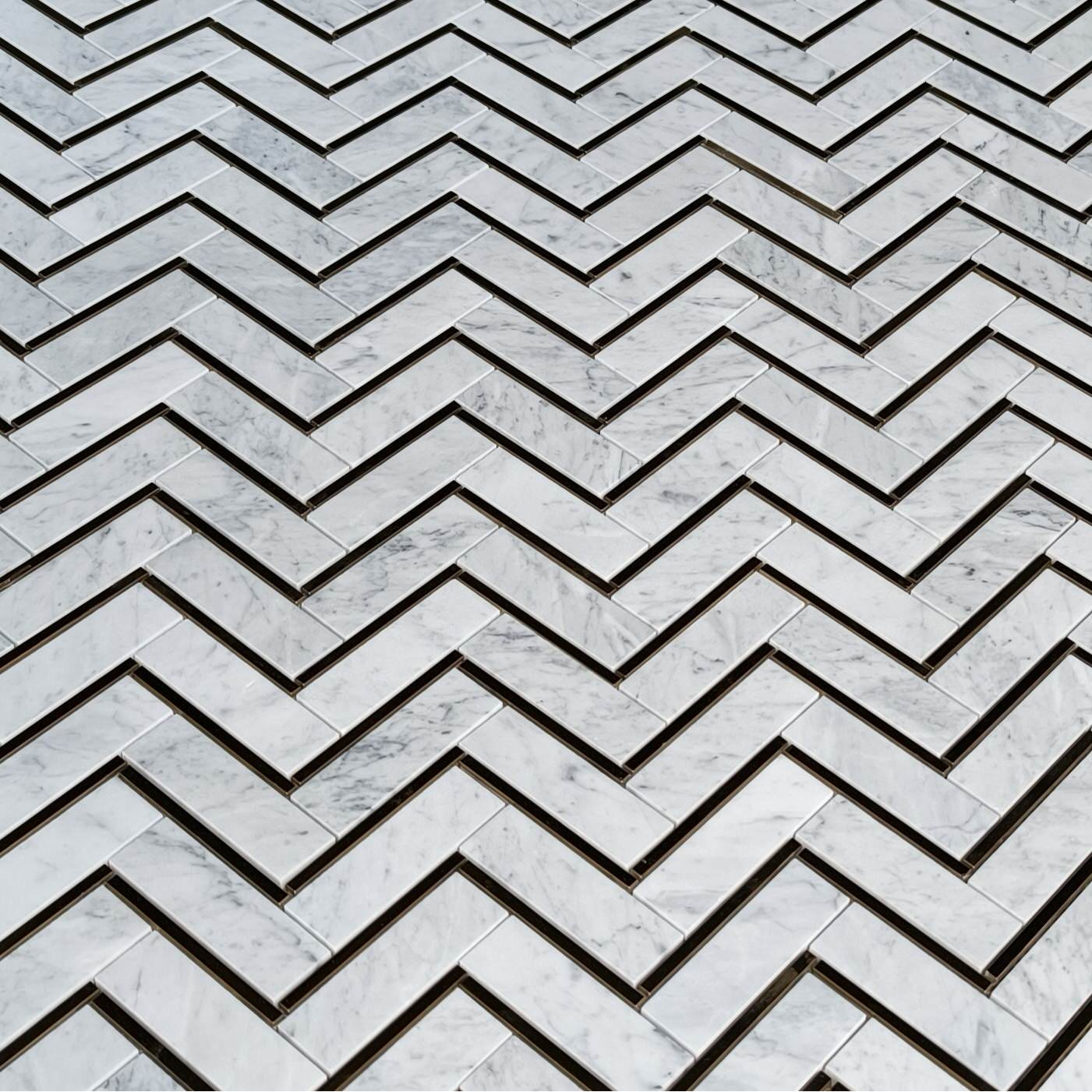 Carrara White Marble 1x4 Herringbone Mosaic Tile w/ Brass Strips Honed ...