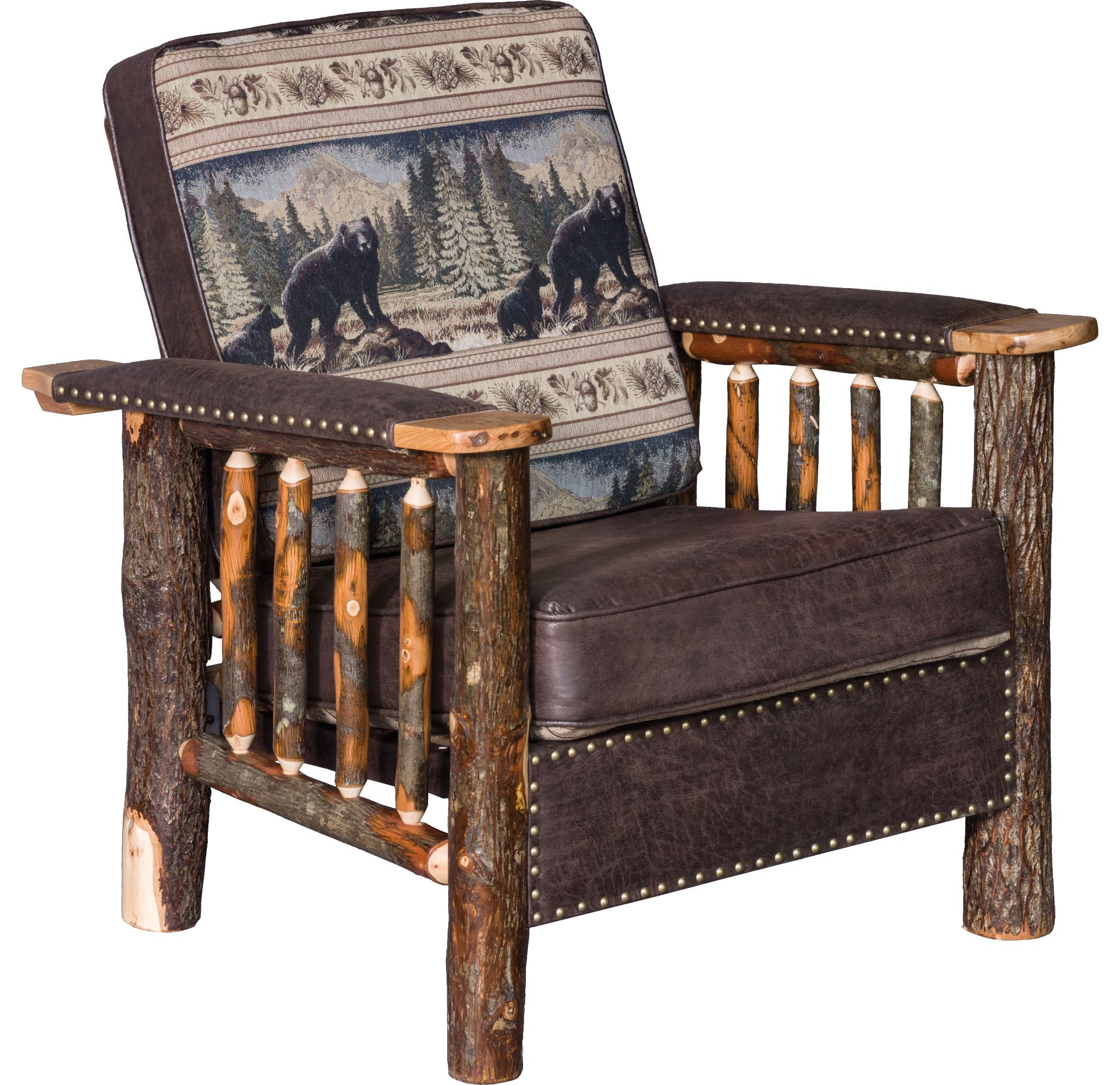Hickory Log Arm Chair With Faux Leather Arms and Accents - Rustic ...