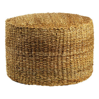 Round Woven Seagrass Curved Pouf Natural Fibers Coastal Cottage Ottoman Table - Beach Style ...