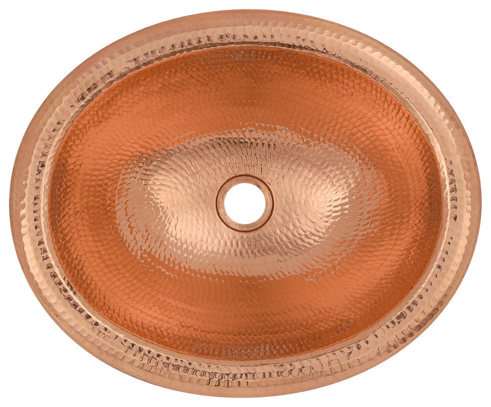 18" Wide Rim Oval Self Rimming Hammered Copper Bathroom Sink, Polished ...