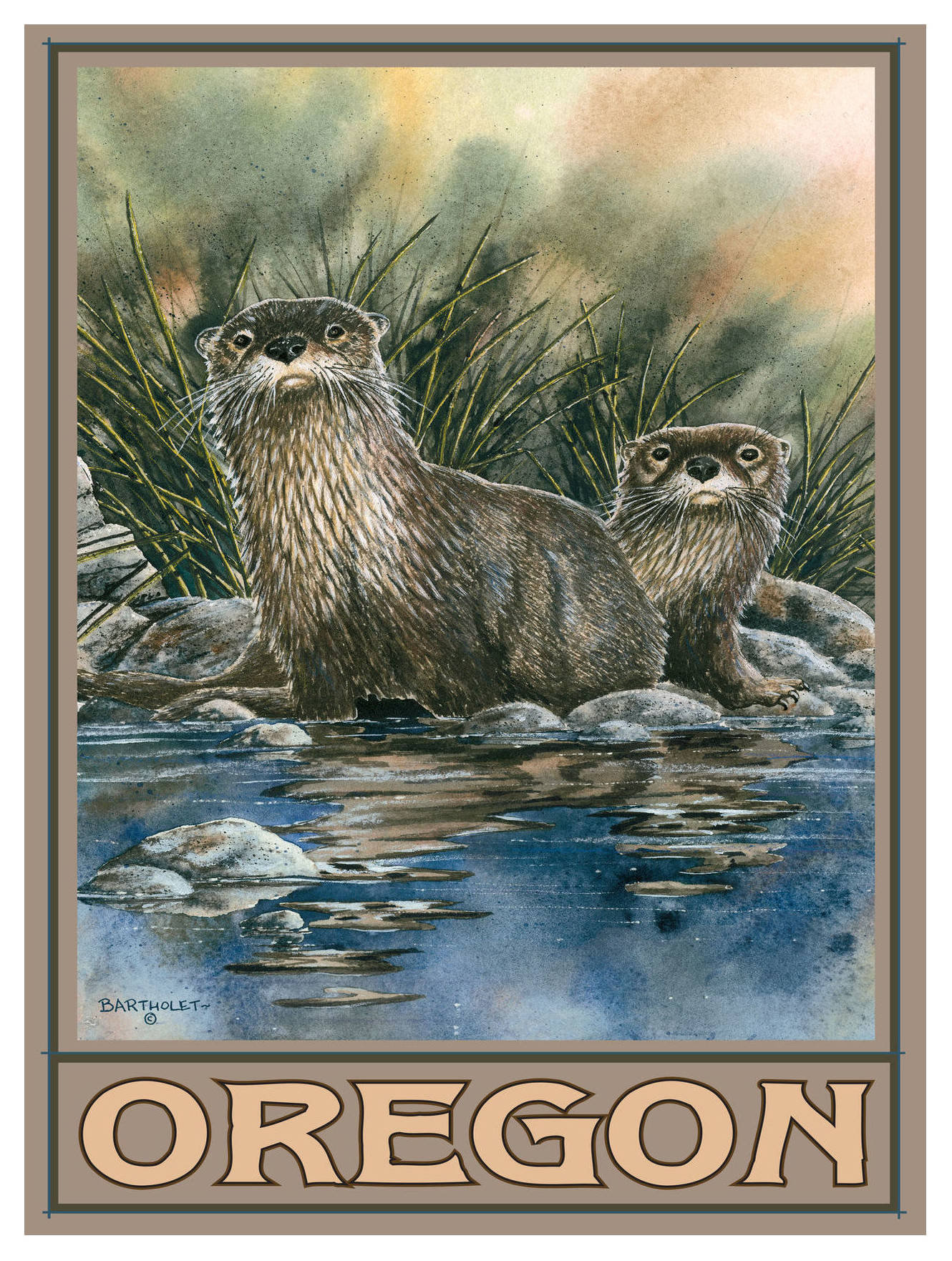 by Artist Dave Bartholet Oregon Otters Art Print, 9"x12" - Beach Style ...