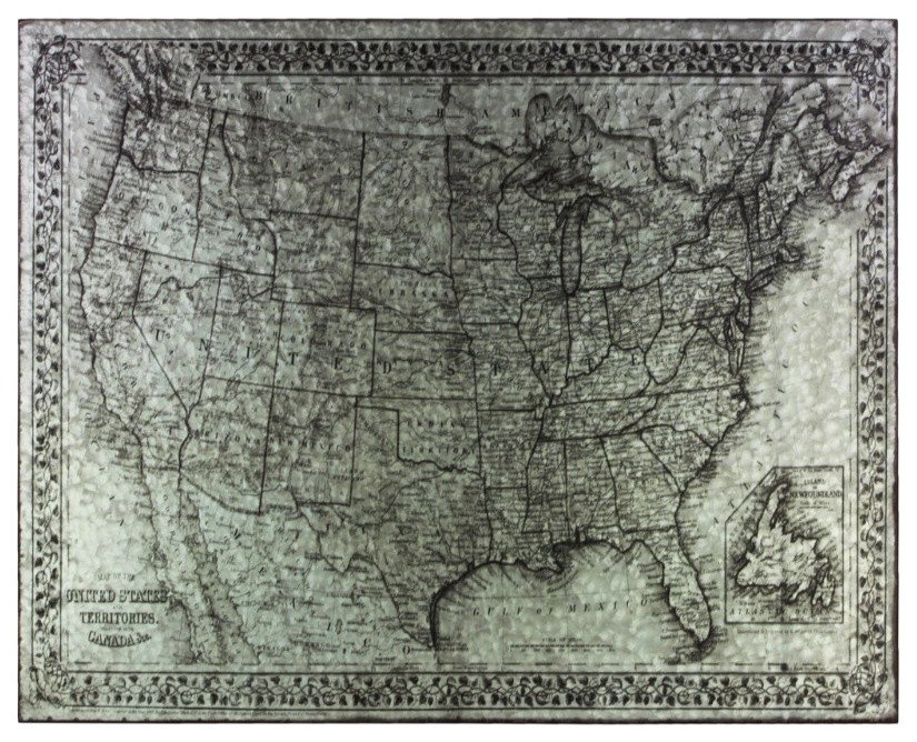 Metal Etched Painting of the "United States of America" Map, Galvanized ...