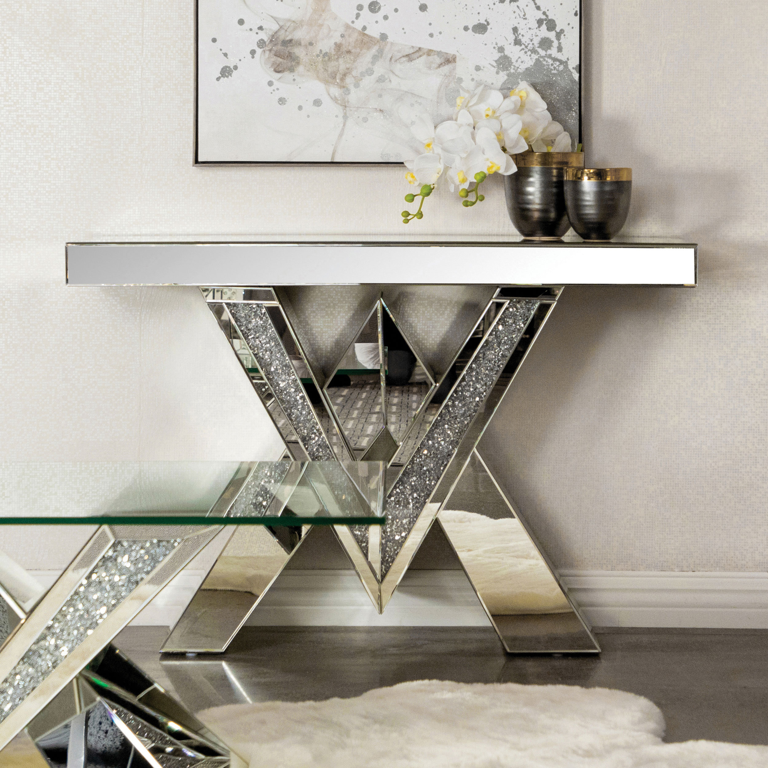 Taffeta V-shaped Sofa Table With Glass Top Silver - Contemporary ...