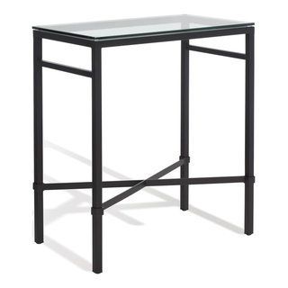 Transitional End Table, Black Metal Frame With Crossed Support & Clear ...