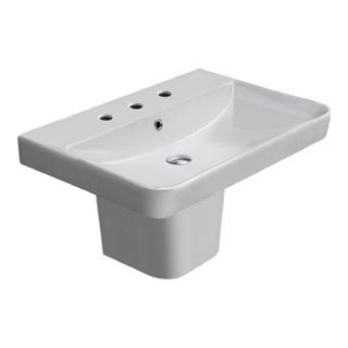Rectangular White Ceramic Semi-Pedestal Sink - Contemporary - Bathroom ...