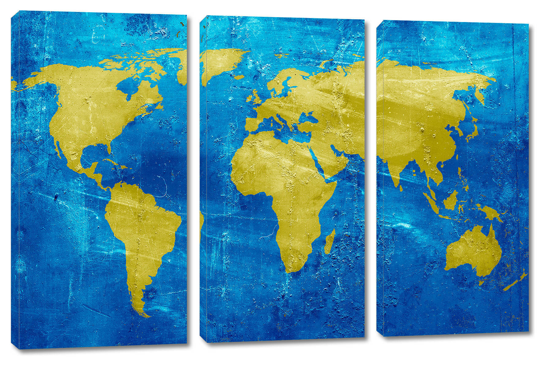 Blue and Yellow World Map Canvas Print, 3 Panel Split, Triptych Wall ...