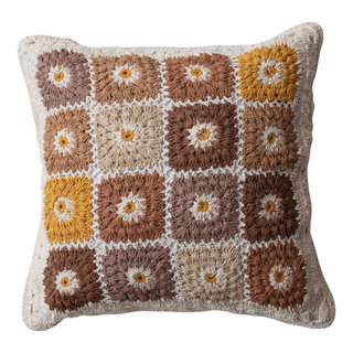 Cotton Crocheted Square Pillow With Block Pattern, Multicolor ...