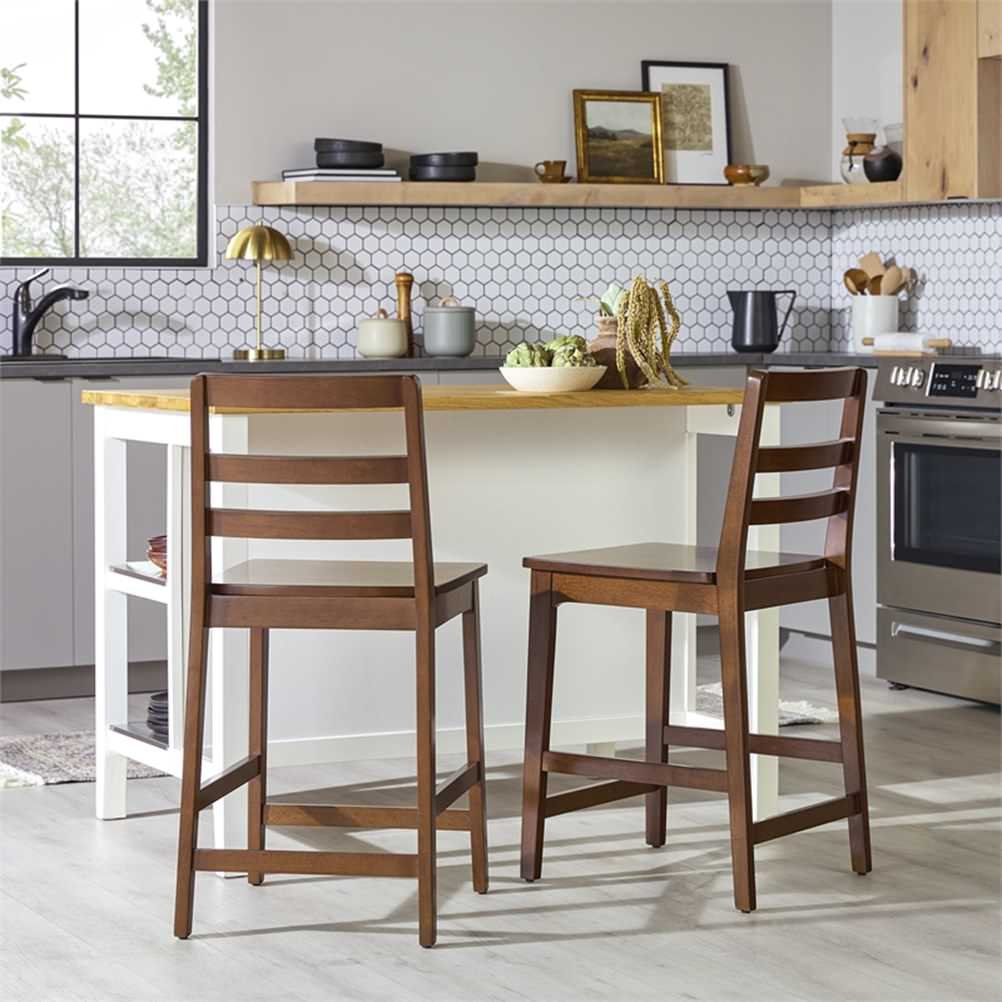 Pemberly Row Modern Solid Wood Ladder-Back Counter Stool - Set of 2 ...