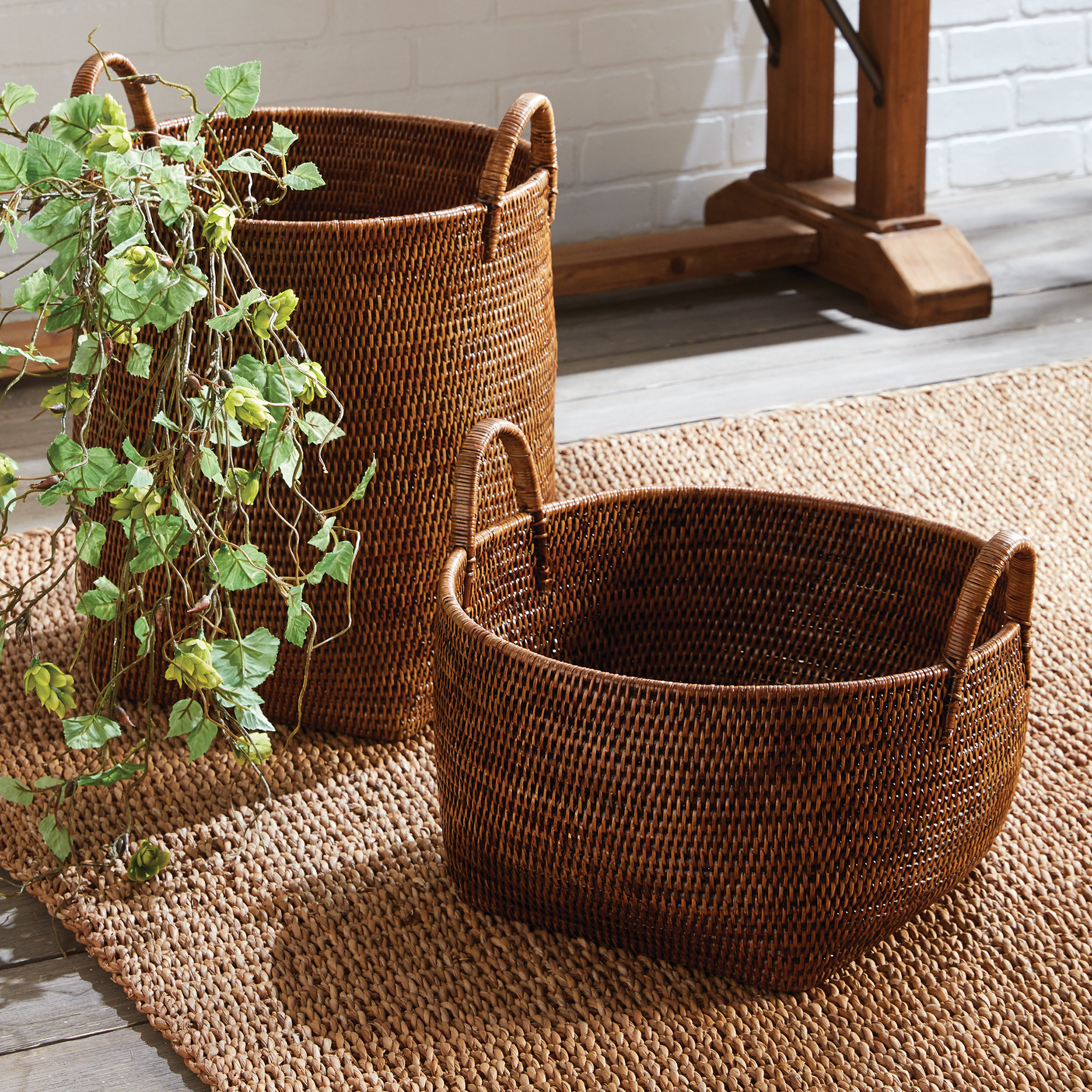 Burma Rattan Orchard Baskets, Set of 2, 15x15x16.75;16.5x16.5x9 ...