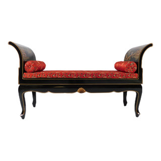 Hand Painted Oriental Bench, Japanese Black Lacquer With French Legs ...