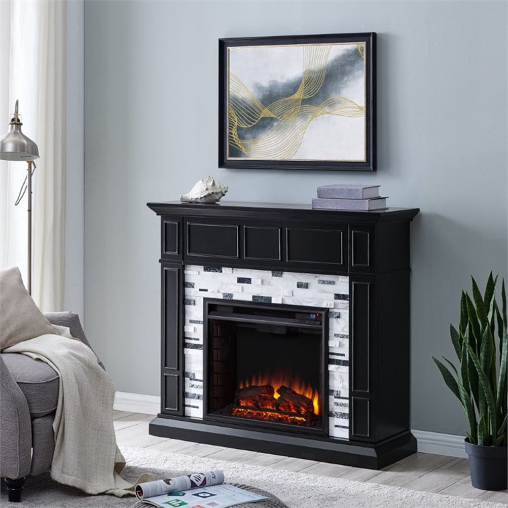 Bowery Hill Engineered Wood Marble Electric Fireplace in Black ...