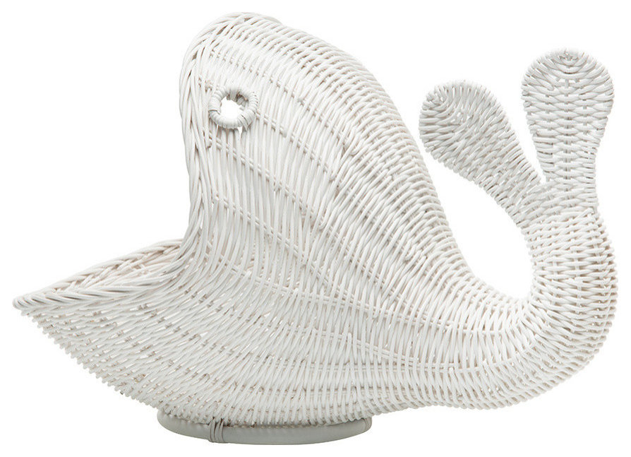 Rattan Whale Storage Basket, White - Beach Style - Baskets - by KOUBOO ...