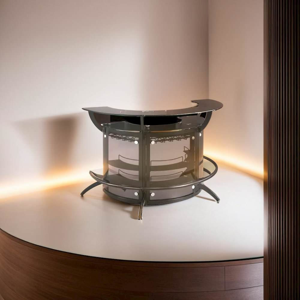 Sleek and Modern Two-Shelf Curved Bar Table in Black with Glass Accents ...