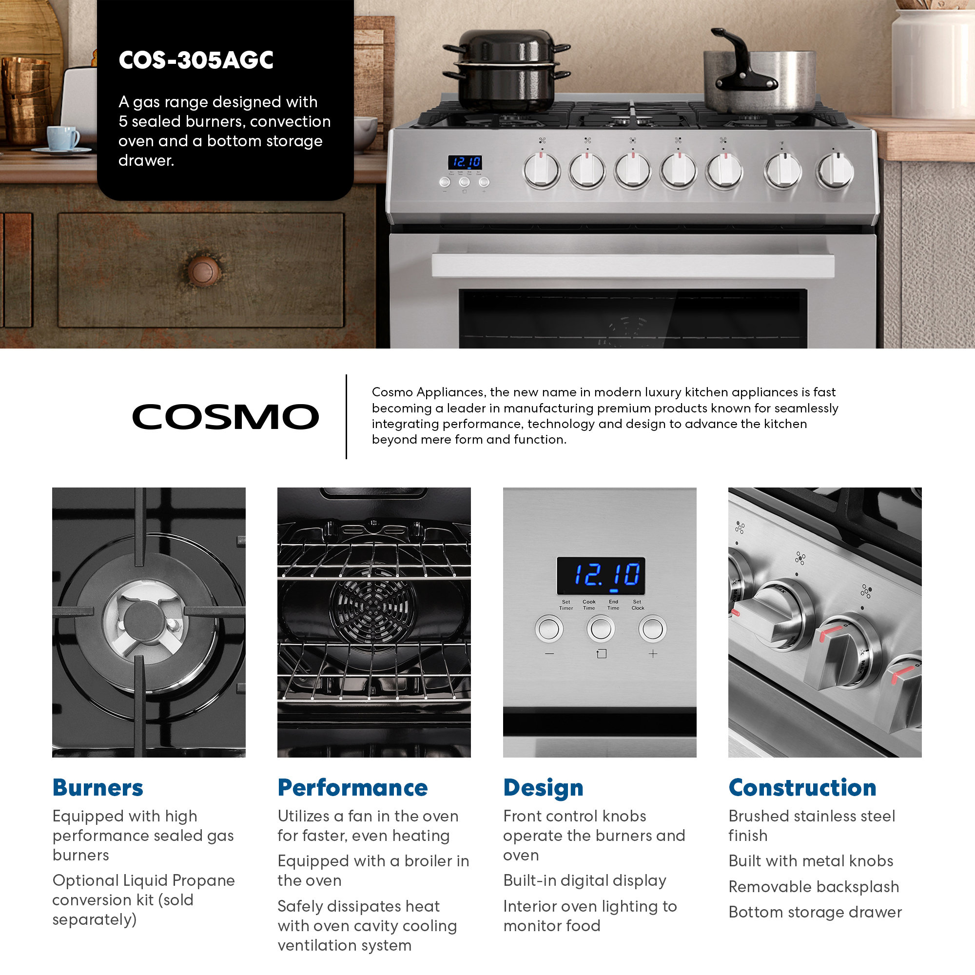 Cosmo COS-305AGC 30" 5.0 cu.ft. Single Oven Gas Range With 5 Burner ...