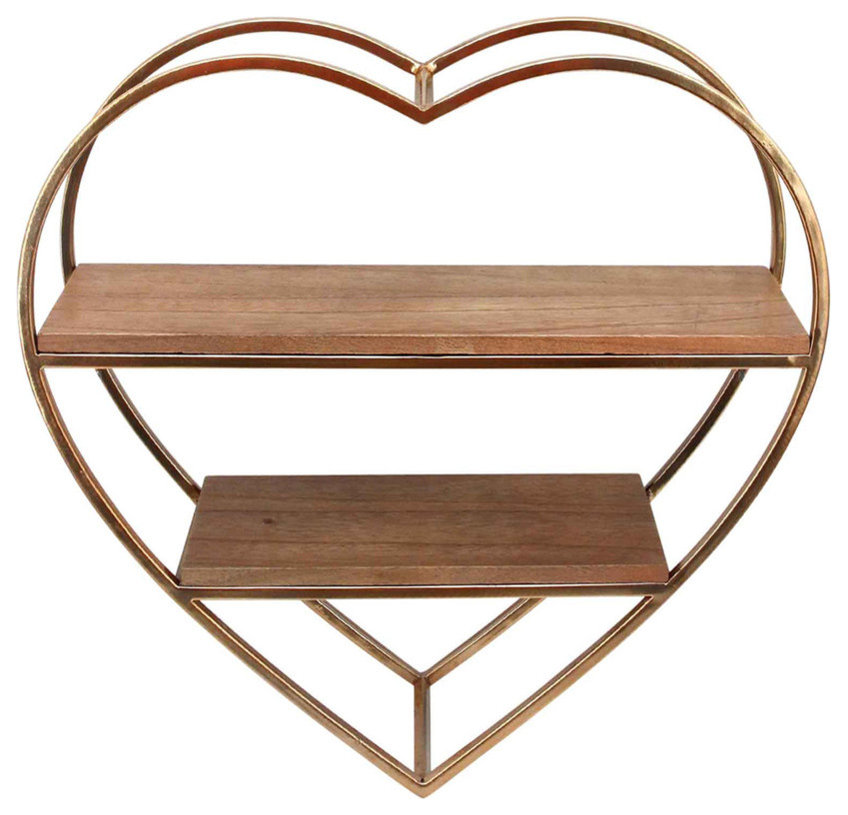 Heart Shaped Wood And Metal Wall Shelf, Gold And Brown - Contemporary ...