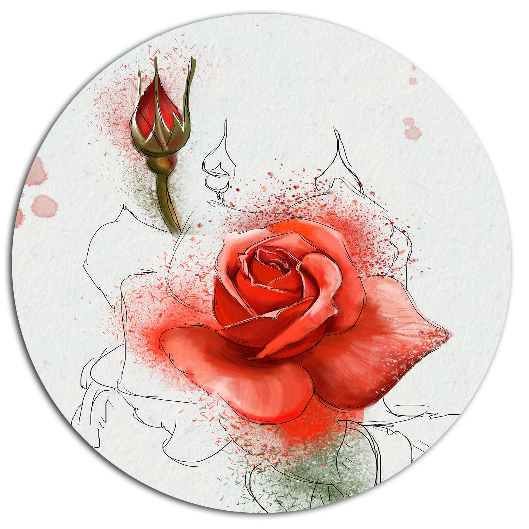 Red Watercolor Rose Sketch, Floral Large Disc Metal Wall Art, Disc of ...