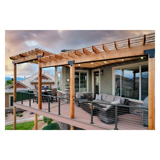 Erie Angular Deck with Expansive Tiered Pergolas and Custom Railing ...