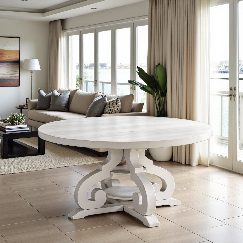 White Round Dining Table with Acacia Veneer Finish - Modern ...