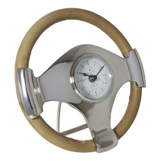 Light and Living Steering Clock Stand Nickel and Leather, Dia 10x2 ...