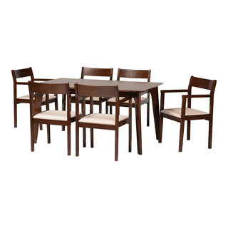 Helene Cream Fabric and Dark Brown Finished Wood 7-Piece Dining Set ...