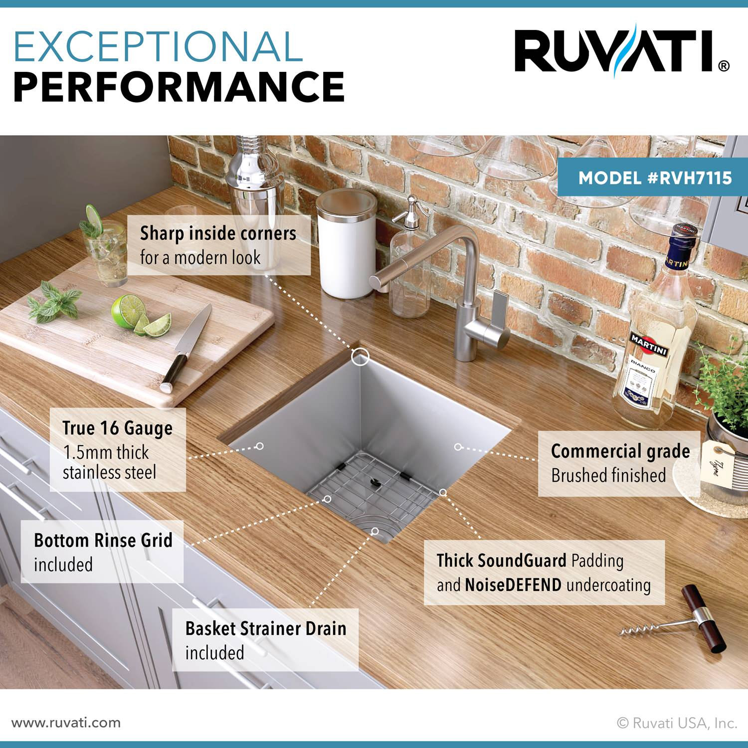 Ruvati RVH7115 15x15" 16 Gauge Zero Raduis Bar Prep Square Kitchen Sink ...