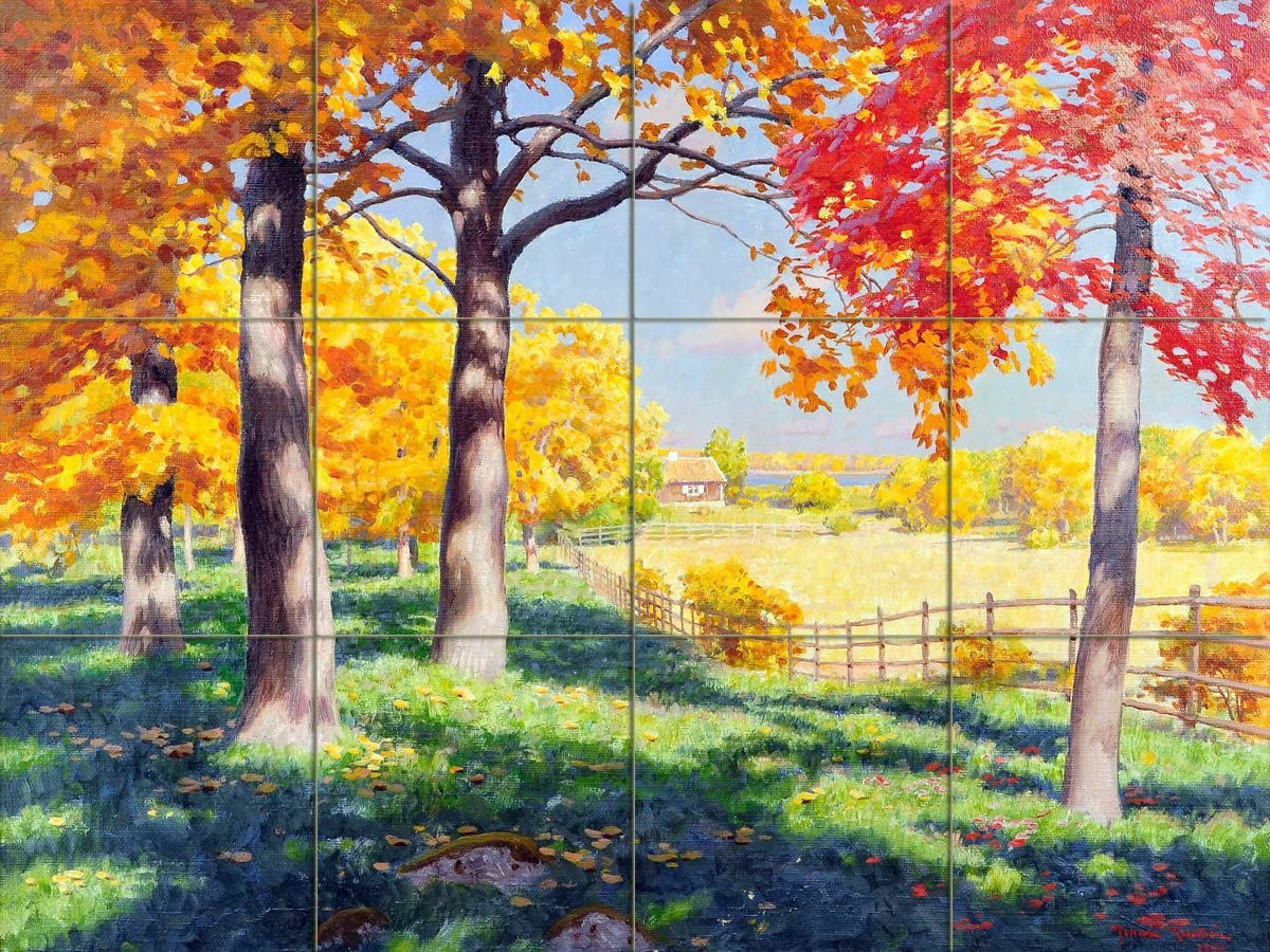 Tile Mural Landscape forest colorful autumn Backsplash, 6" Marble ...