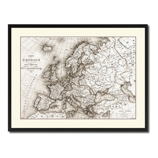 Europe Vintage Old Sepia Map Print On Canvas With Black Custom Frame ...