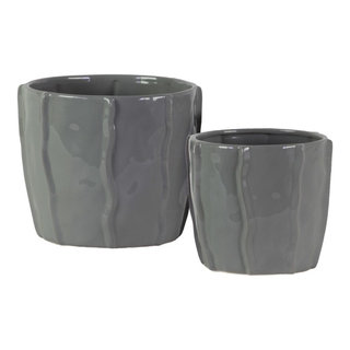 Ceramic Pot With Embedded Wave Design, Glossy Gray, Set of 2 ...
