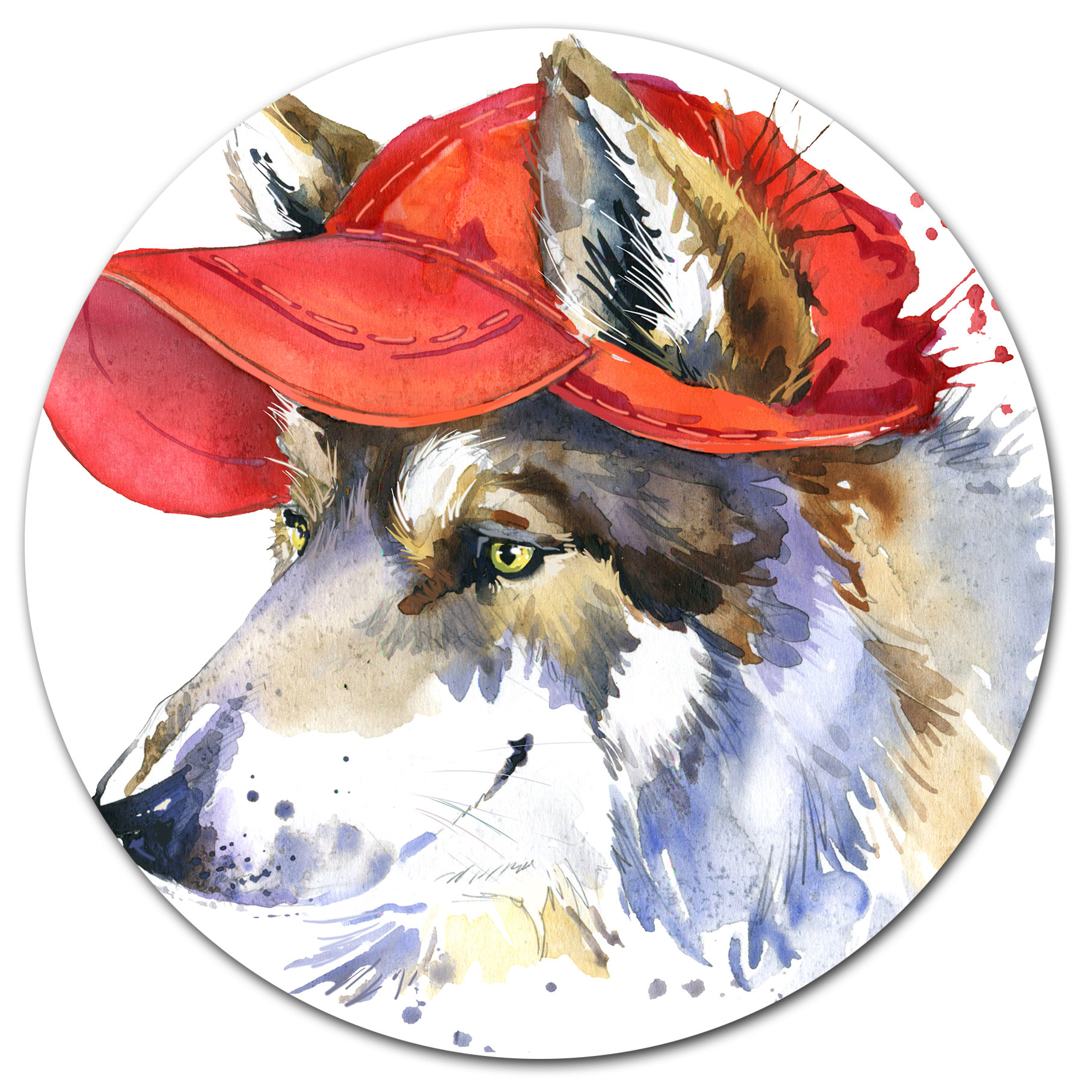 Wolf With Red Cap Illustration, Animal Round Wall Art, Disc of 23 inch ...