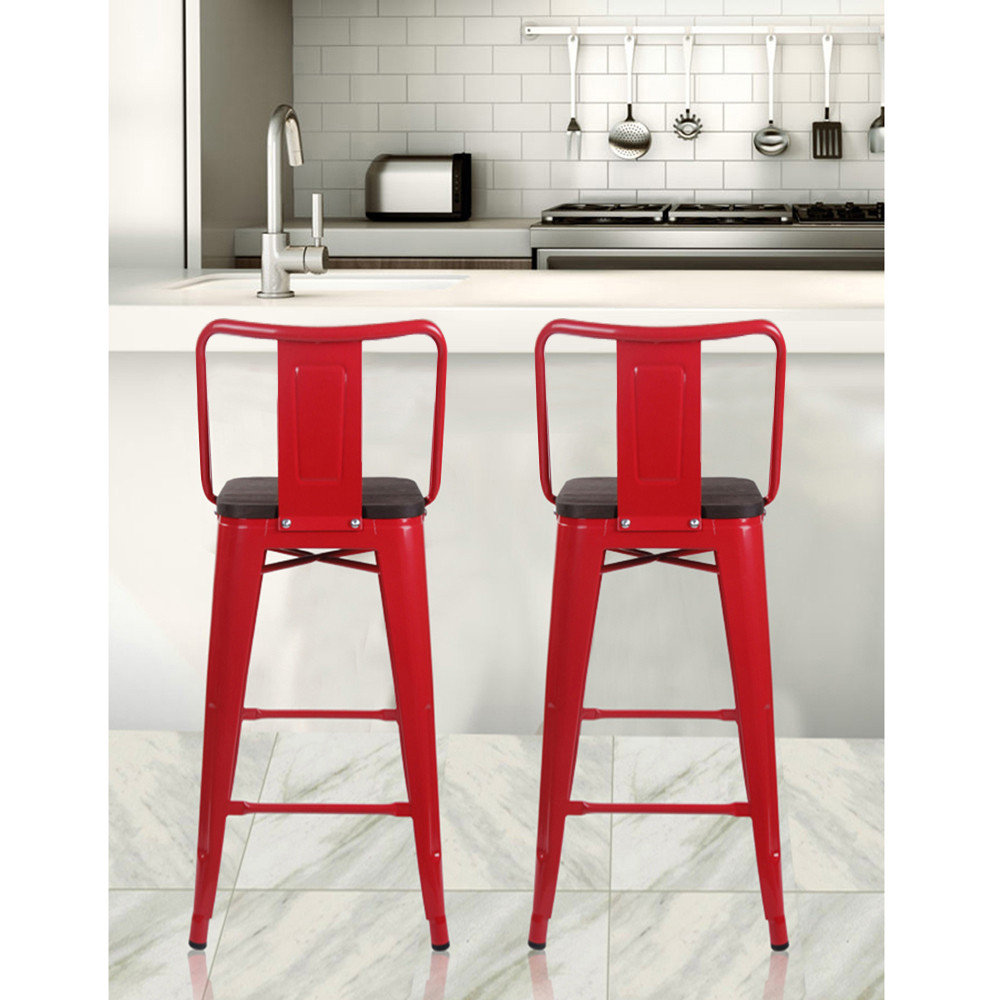 Metal Red Bar Stools With Middle Back Dark Wooden Seat, Set of 4 ...