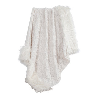Nordic Cable Knit and Mongolian Fur Throw Blanket, 50"x80 ...